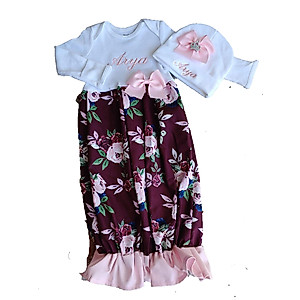 Theposhlayette Newborn Baby Girl Coming Home Outfit Personalized Floral Layette Gown with Beanie Baby Girl Shower Gifts (0 to 3 months)