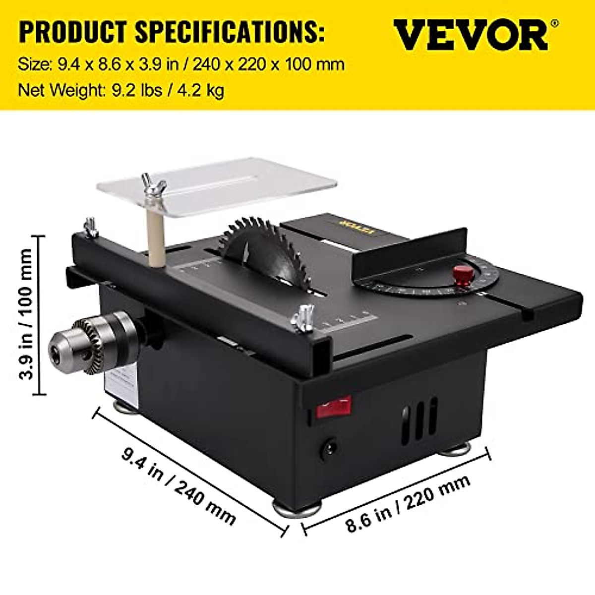 VEVOR Mini Table Saw, 96W Hobby Table Saw for Woodworking, 0-90 Angle Cutting Portable DIY Saw, 7-Level Speed Adjustable Multifunctional Table Saws, 1.3in Cutting Depth Mini Precision Table Saw Item
