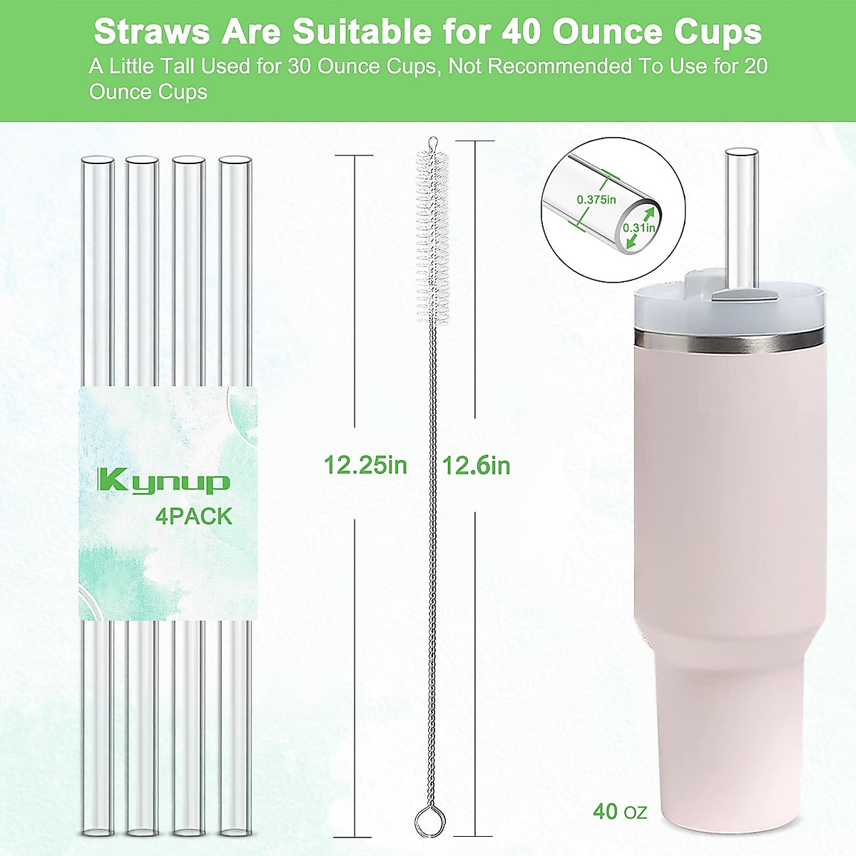 Kynup Straw(4Pack), Straw Topper Cover(4Pack) for Stanely 40 oz Tumbler, Reusable Straw Tritan Material, Straw Cover Cap Silicone Material with Cleaning Brush