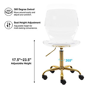 HOMEFUN Clear Chairs Acrylic Desk Chair Rolling Transparen Vanity Chair Armless Swivel Chair Height Adjustable Ghost Chair Molded Plastic Home Office Chair with Wheels, New Clear with Golden Feet