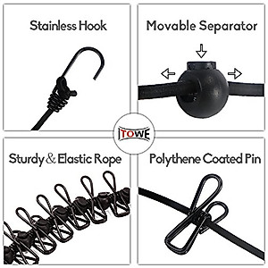 iTOWE 2Pack Portable Clothesline with 12 Pins Travel Clothesline Retractable Elastic Laundry Clothes Line with 12 Clothespin for Backyard Vacation Hotel Balcony Clothes Drying Line Camping Accessories