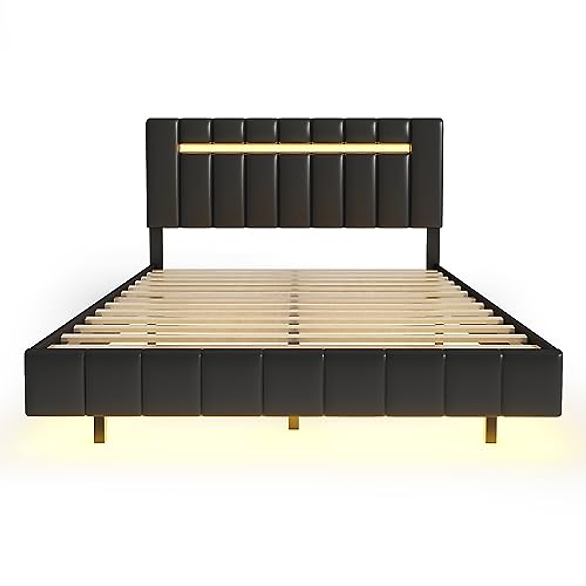 Modern Queen Size Upholstered Platform Bed with LED Lights and USB Charging,Floating Bed Frame for Kids Teens Adults Bedroom Use (Queen, Black@LED Lights)