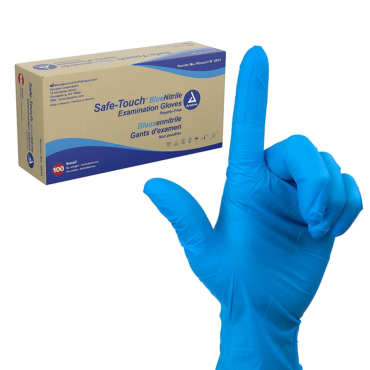 Dynarex Safe-Touch Disposable Nitrile Exam Gloves, Powder-Free, Latex-Free, Touchscreen Friendly, Blue, Small, 1 Box of 100 Disposable Nitrile Gloves