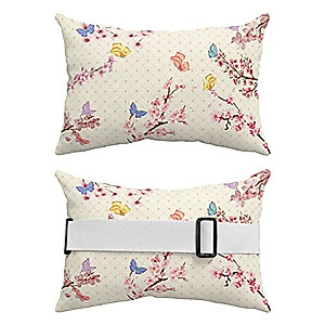 Recliner Head Pillow Ledge Loungers Chair Pillows with Insert Butterfly Cherry Blossoms Pink Beige Lumbar Pillow with Adjustable Strap Outside Patio Decorative Garden Cushion for Bench Couch, 2 PCS