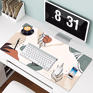 Aisakoc Desk Mat Desk Mouse Pad, Dual Side PU Leather Desk Pad for Keyboard and Mouse, 35.5''x15.8'' Large Waterproof Desk Mat for Desktop, Desk Writing Mat for Office and Home (Morandi Plant)