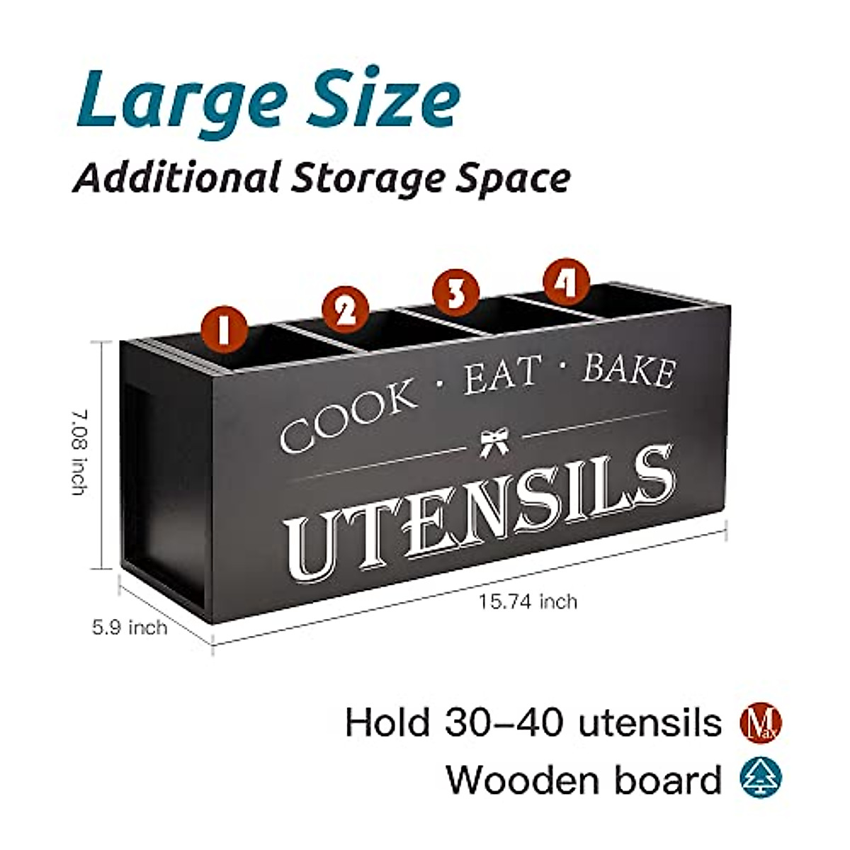 Suli Extra Large Kitchen Utensils Holder with 4 Compartments, Wooden Utensil Organizer for Kitchen Countertop, Farmhouse Kitchen Decor, Rustic Cooking Utensil - Black