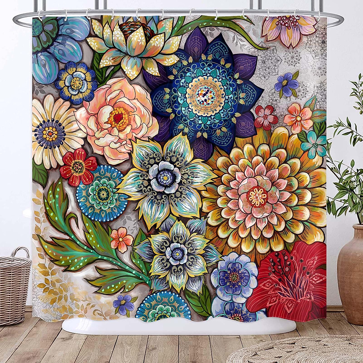 Neasow Boho Floral Shower Curtains for Bathroom, Bright Fabric Blossom Shower Curtain with 12 Hooks, Multi Color 72"×72"