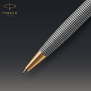 PARKER Sonnet Ballpoint Pen, Chiselled Silver with Gold Trim, Medium Point Black Ink (1931492)