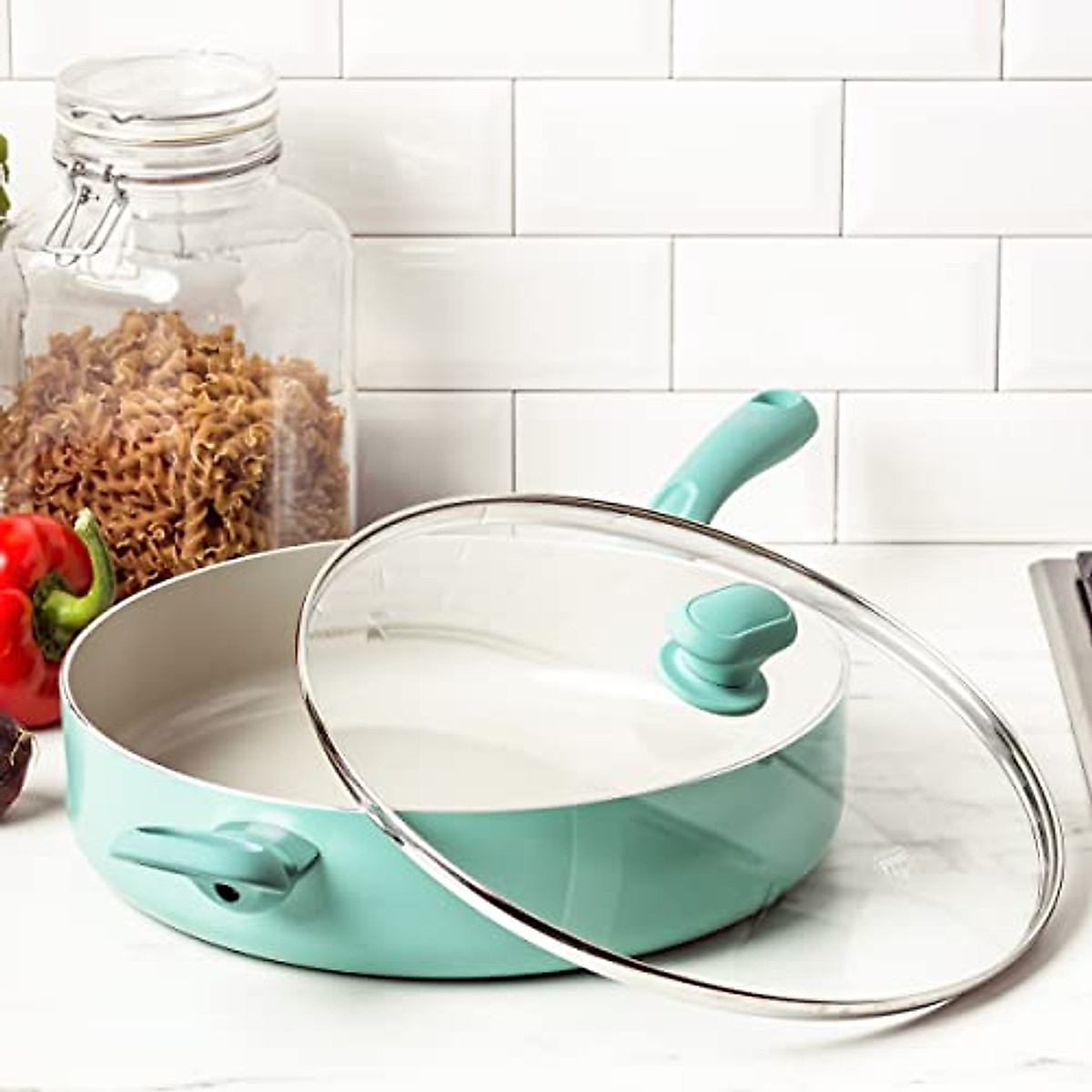 GreenLife Soft Grip Diamond Healthy Ceramic Nonstick, 5QT Saute Pan Jumbo Cooker with Helper Handle and Lid, PFAS-Free, Dishwasher Safe, Turquoise