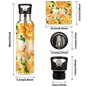 Yellow Rose Water Bottle Watercolor Reusable Leak-Proof Insulated Water Bottle BPA Free Stainless Steel Sport Water Bottle with Straw for Fitness Outdoor Hiking School 600ml