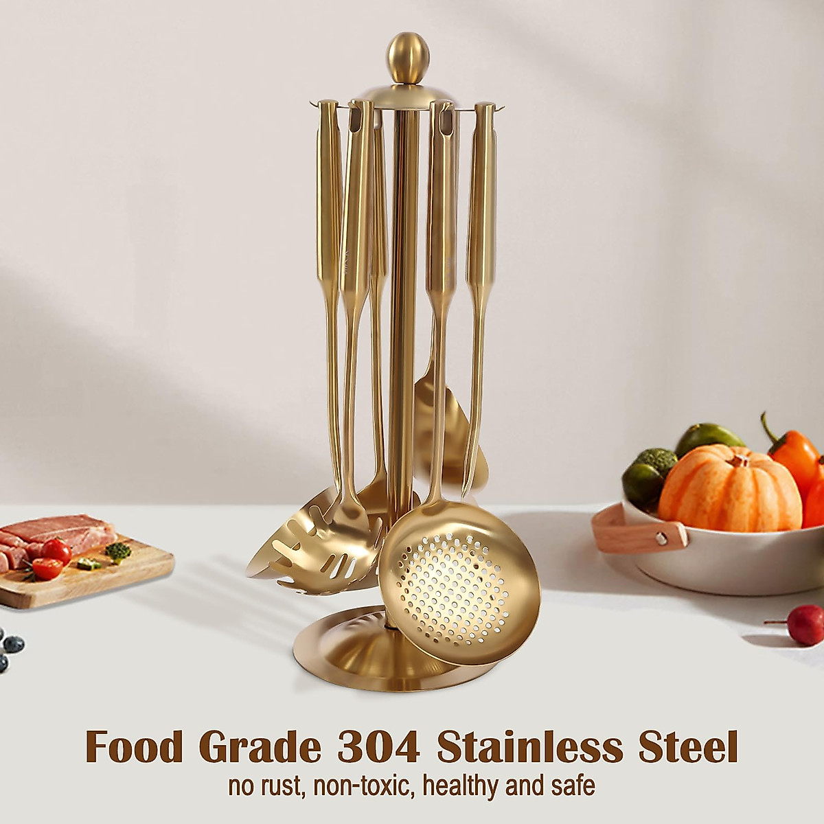 Gold Cooking Utensils Set with Holder, 7 PCS 304 Stainless Steel Cooking Kitchen Utensil Set with Rotating Holder, Spatula, Slotted Turner, Ladle, Skimmer, Pasta Server, Large Rice Spoon