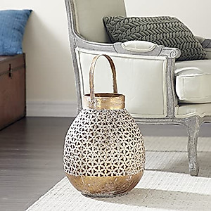 Deco 79 Metal Laser Cut Metal Candle Lantern with Moroccan Pattern, 13" x 14" x 16", Gold