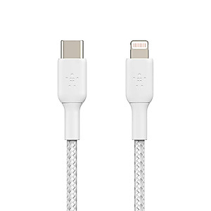 Belkin BoostCharge Nylon Braided USB C to Lightning Cable 6.6ft/2M - MFi Certified 18W Power Delivery iPhone Charger Cord - Apple Charger USB C Cable - Fast Charging for iPhone 14, iPhone 13 - White
