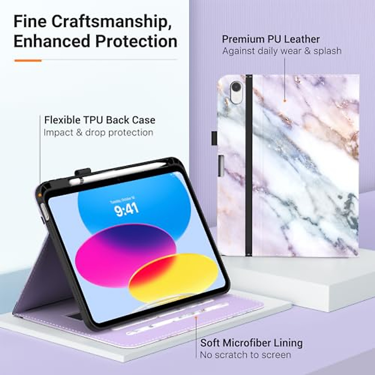 MoKo for iPad 10th Generation Case iPad 10.9 Inch Case 2022 with Pencil Holder, Multi-Angle Viewing iPad Case 10th Generation with Soft TPU Back Hand Strap for iPad 10th Gen 2022, Marble Purple