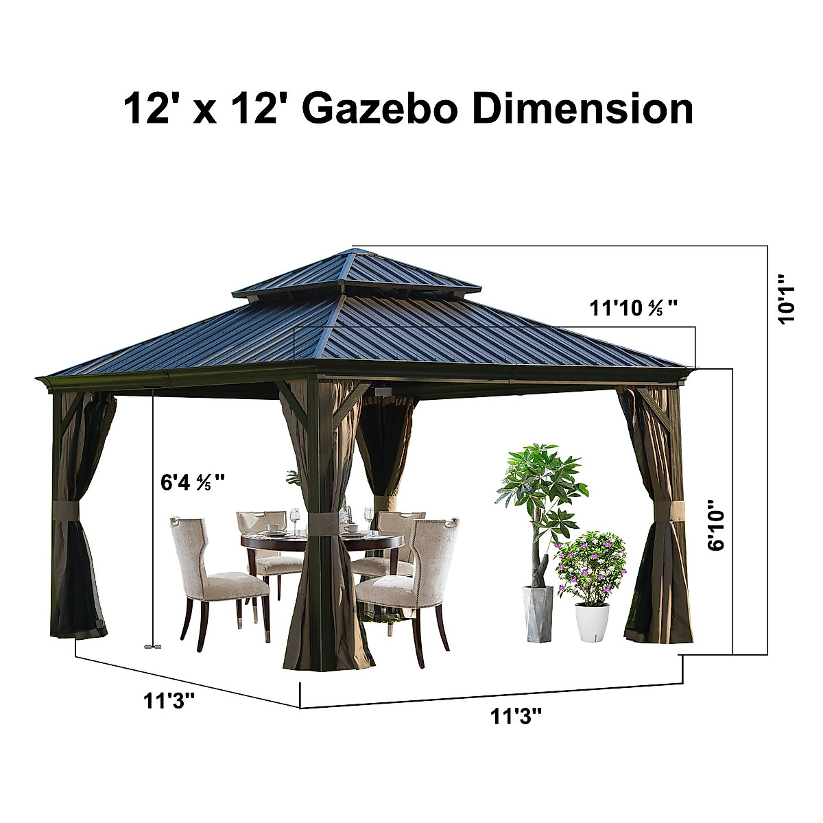 Domi 12x12FT Hardtop Gazebo with Netting & Curtains, Outdoor Aluminum Frame Gazebo with Galvanized Steel Double Roof, Outdoor Permanent Metal Pavilion for Patio Deck Lawn and Garden, Brown