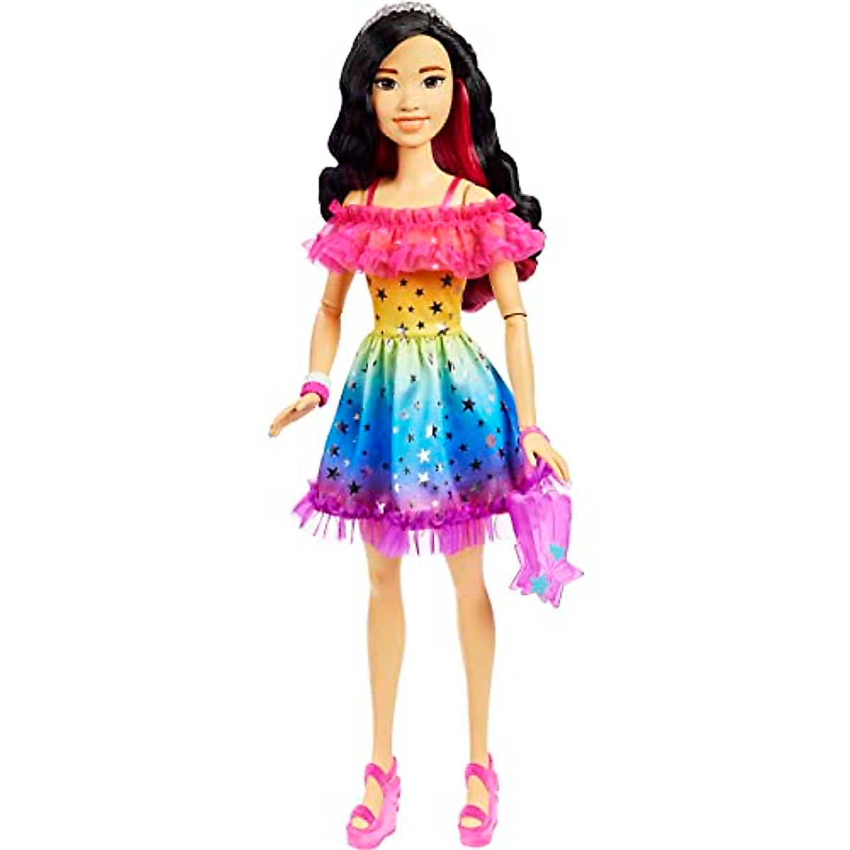Barbie Large Doll with Black Hair, 28 Inches Tall, Rainbow Dress and Styling Accessories Including Shooting Star Handbag