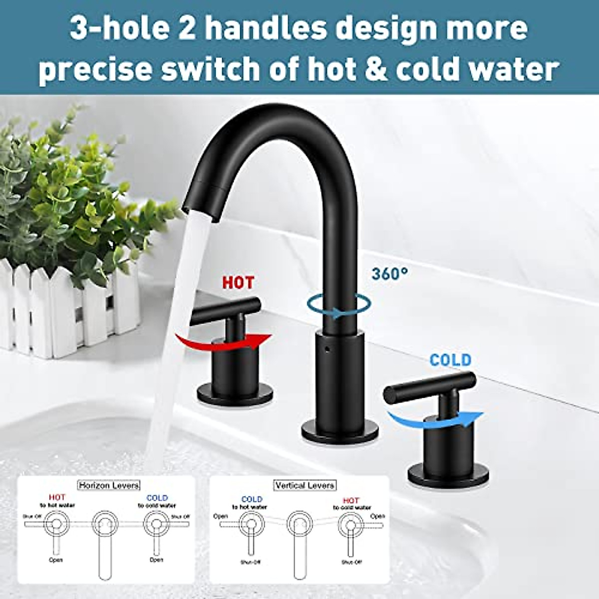 AIMOYO 2-Handle 8 inch Widespread Bathroom Sink Faucet, 3 Hole Matte Black Bathroom Faucet with 360°Swivel Spout, Pop Up Drain and High Arc, Modern Basin Faucet Mixer Taps, Deck Mount