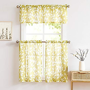 Treatmentex Valance Curtain for Window 15" Leaf Print Kitchen Valances, Mustard Yellow and White, 52" w 1 Panel