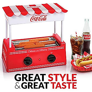 Nostalgia Coca-Cola Holds 8 Regular Sized or 4 Foot Long Hot Dogs and 6 Bun Capacity, Stainless Steel Rollers, Perfect For Breakfast Sausages, Brats, Taquitos, Egg Rolls, Yellow, Red/White