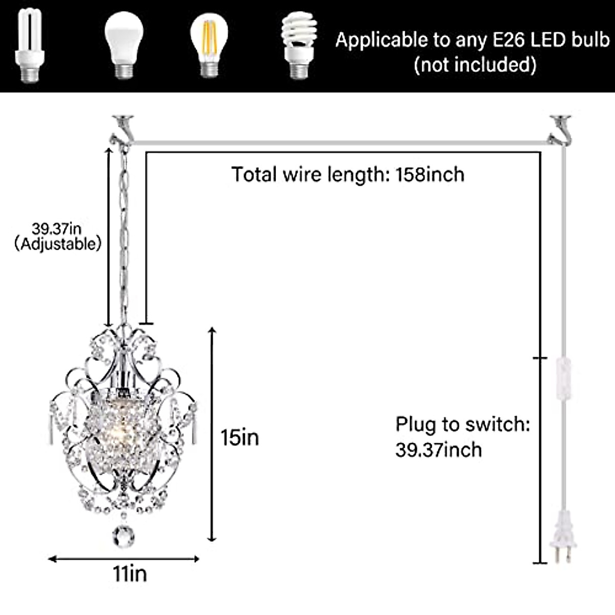 Plug in Pendant Lights with K9 Crystal，Hanging Lamp with 15Ft Clear Cord & On/Off Switch，Mini Chandelier for Closet Living Room Girls Room Bedroom Nursery