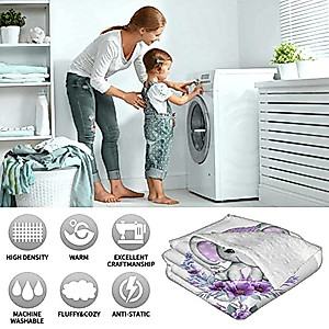 Abhibhu Elephant Purple Floral Custom Baby Blanket, Soft Cozy Fleece, XS for Babies, Personalized Name Blanket Gifts for Newborn Baby Shower