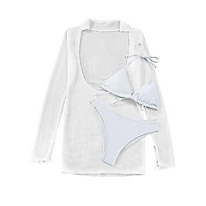 Lilosy Sexy Long Sleeve Mesh Sheer Beach Swim Cover Up Dress Bikini 3 Piece Women Drawstring Swimwear Swimsuit String Bathing Suit Set Fishnet White Large