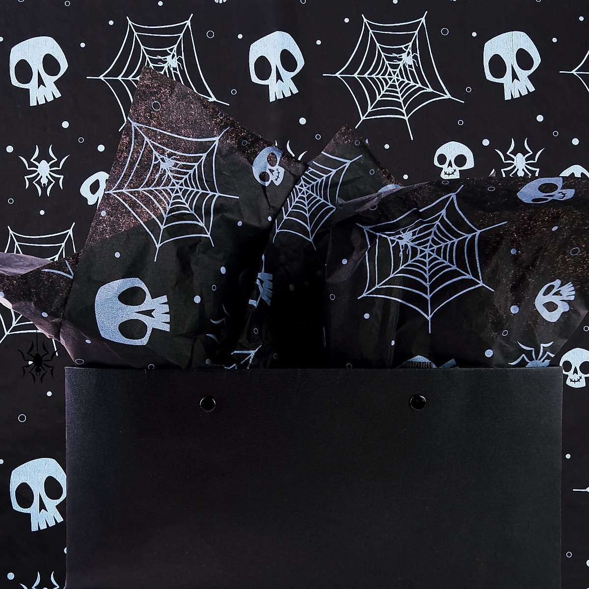 MR FIVE 30 Sheets Black Halloween Tissue Paper Bulk,20" x 28",Black with White Skull Spider Web Pattern Tissue Paper,Halloween Tissue Paper for Gift Bags,Skull Tissue Paper for Halloween Party