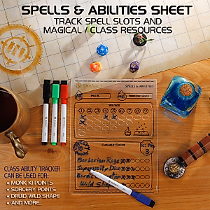 ENHANCE Tabletop Acrylic Character Sheet Set - Reusable 5e Dungeons and Dragons Character Sheets (Combat, Spell, Equipment) for All DND 5e Classes - Includes 3 Pages, Dry Erase Markers, Travel Pouch
