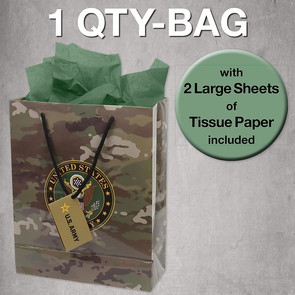 Havercamp U.S. Army Gift Bag (1) Durable Medium Gift Bag Includes 2 Hunter Green Tissue Papers, Black Rope Handles & Gift Tag, Army Themed Gift Bag, Veteran Gifts (Army Brown & Green)