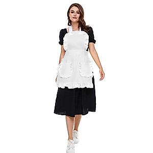 LilMents Women's Ruffles Outline Retro Pockets Apron Kitchen Cooking Cleaning Maid Costume (White)