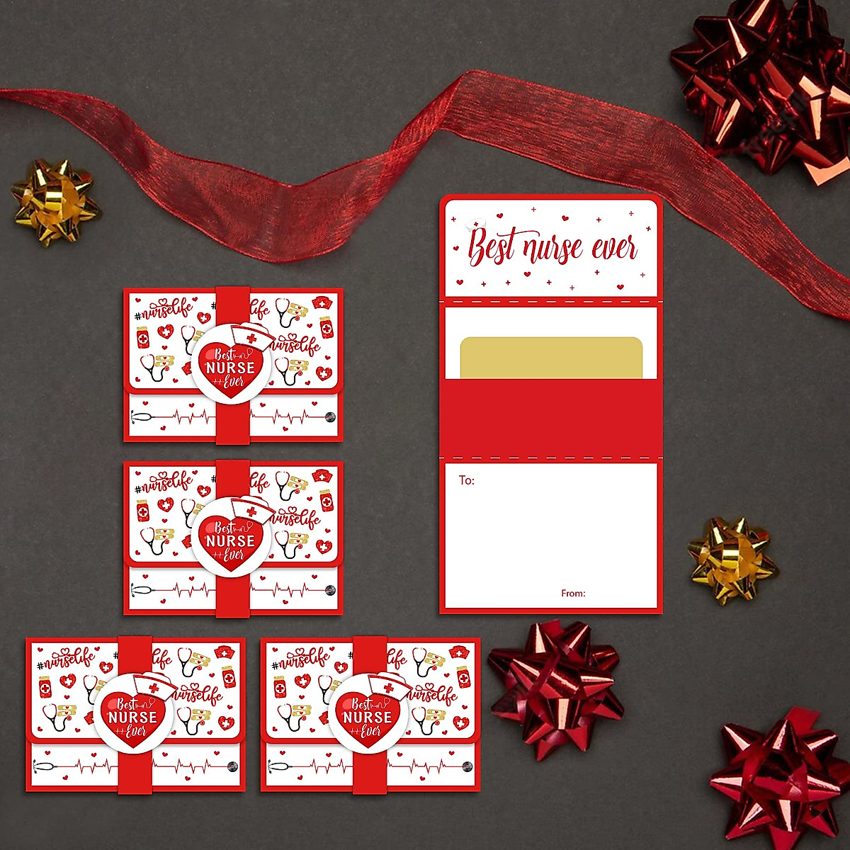 JOYMEMO 4 Pack Nurse Gift Card Holders - Nurse Appreciation Week Money Holder with Envelope for Nurse Week Thank You Nurse Gift Card Sleeves, Best Nurse Ever Prizes Paper Party Favors