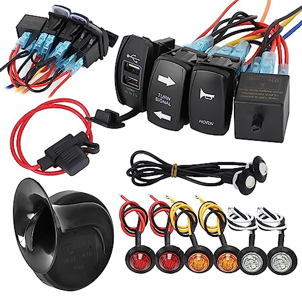 MOTOQUEEN Turn Signal Kit with Horn 105D and USB, UTV Street Legal Kit with Rocker Switch Plug & Play UTV Street Legal Kit for Polaris RZR Ranger SXS Dirt Bike Can-Am Golf Cart Beach Cart