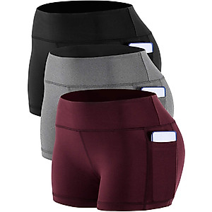 CADMUS Women's Workout Yoga Running Compression Exercise Booty Shorts with One Side Pockets,3 Pack,09,Black,Grey,Wine Red,Small