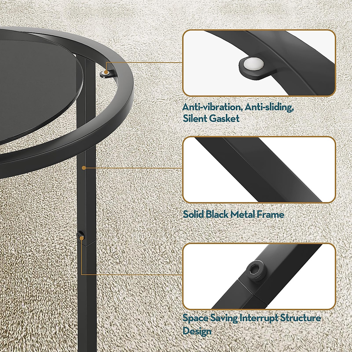 SAYGOER Small Side Table Round Glass End Table for Small Spaces Narrow Couch Night Stand Modern Bedside Table with Black Metal Frame for Bedroom Living Room, Easy Assembly