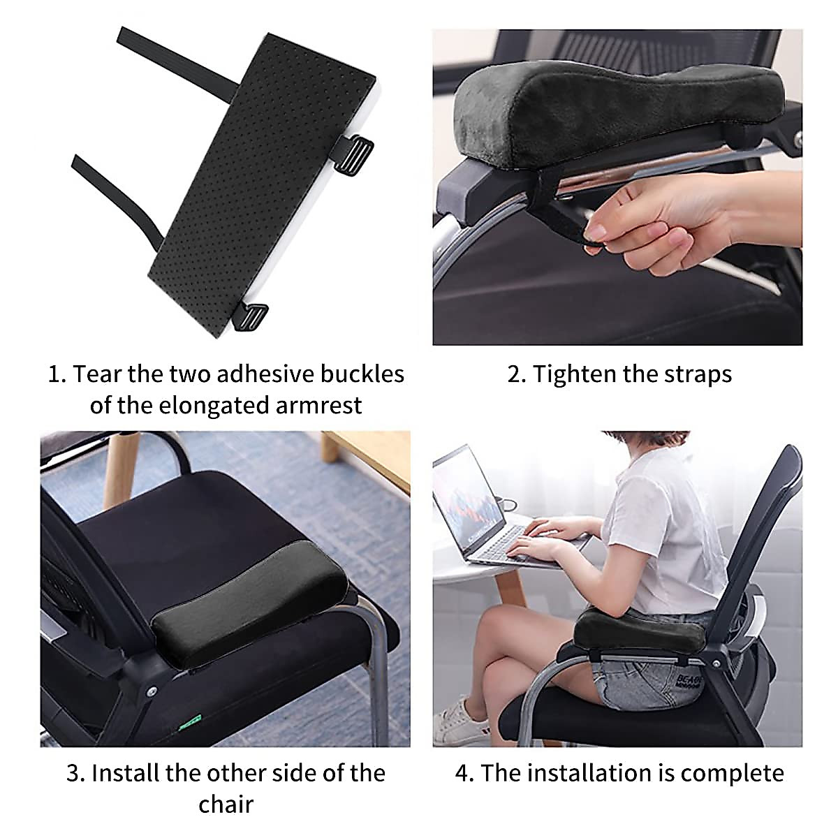 2pcs Office Chair Arm Covers, Ergonomic Chair Arm Pads with Memory Foam Armrest Elbow Pillow Forearm Pressure Relief for Office Chairs Gaming Chair (Black)