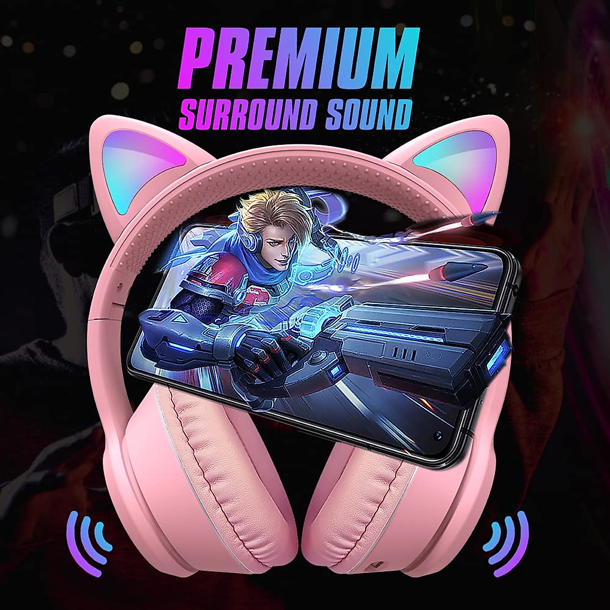 MIDOLA Gaming Wired AUX 3.5mm Cat Ear Headphone Over Ear LED Light Fit Adult & Kids Girl Boy Foldable Stereo Headset Earmuffs with Mic for PC PS4 Game Cellphone Laptop Pad Pink