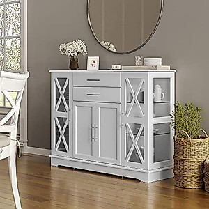 BELLEZE Sideboard Buffet Cabinet, 47 Inch Storage Cabinet Console Table Coffee Bar Cabinet Kitchen Cupboard Pantry Cabinet Glass Display Cabinet for Lving Room Entryway Dining Room, White