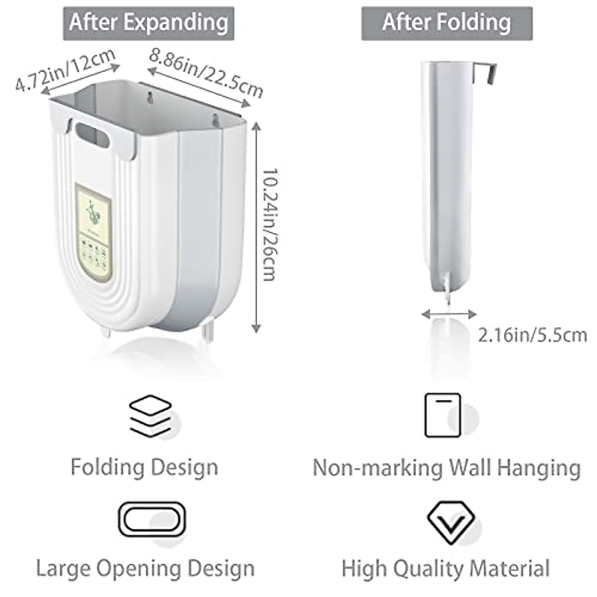 SHAIDOJIO Hanging Kitchen Trash Can, Collapsible Trash can for Kitchen, Wall Mounted Foldable Small Garbage Can Compost Bin, 2.6 Gallon Under Sink Waste Bin for Cabinet/Bedroom/Car/Bathroom (Grey)