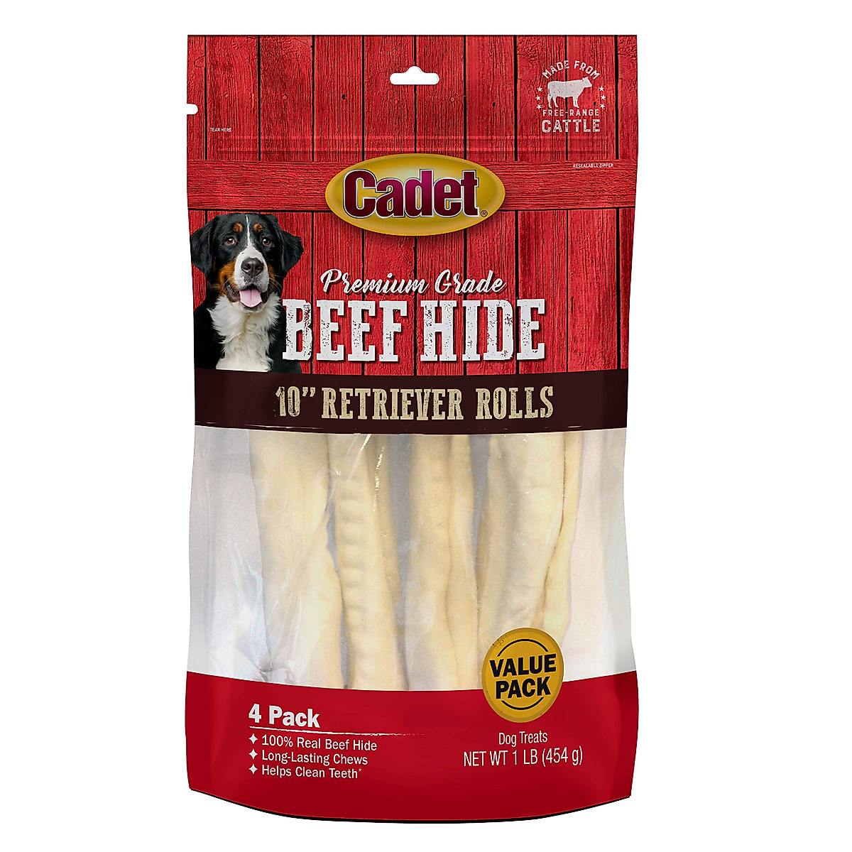 Cadet Premium Grade Beef Hide for Dogs, Long Lasting Rawhide Retriever Rolls, Single Ingredient Dog Chews, Beef Hide Flavor, 10 Inch (4 Count)