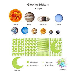 Glow in The Dark Stickers for Ceiling, 625Pcs Dark Stars and Moon Decals Wall Stickers Solar System Shining Decoration, Glowing in The Dark Ceiling Decors for Kids, Boys, Girls Bedroom