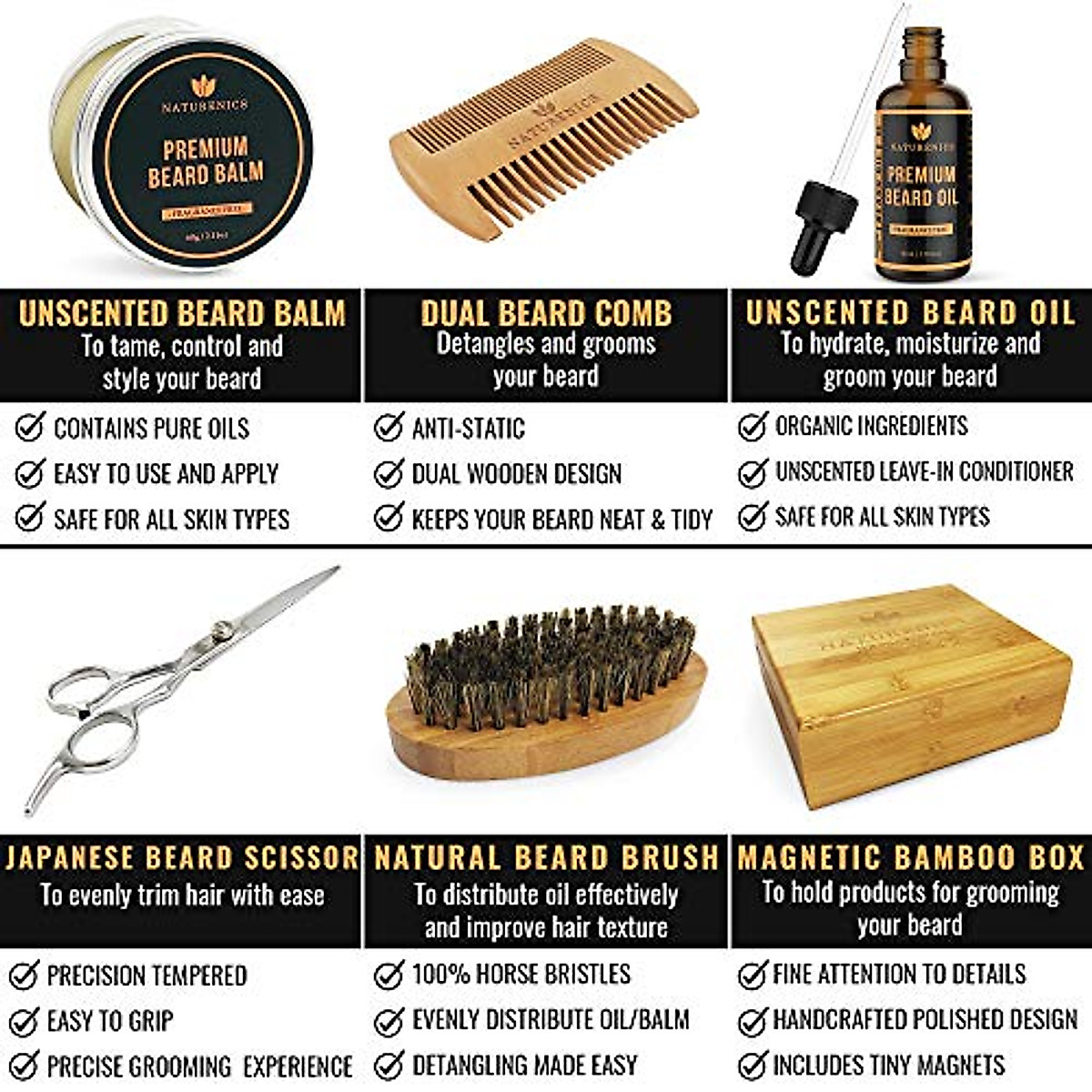 Naturenics Premium Beard Grooming Kit for Men - 100% Organic Unscented Beard Oil, Beard Balm Butter Wax, Beard Brush, Beard Comb, Beard Scissors for Beard & Mustache-with Bamboo Box & eBook
