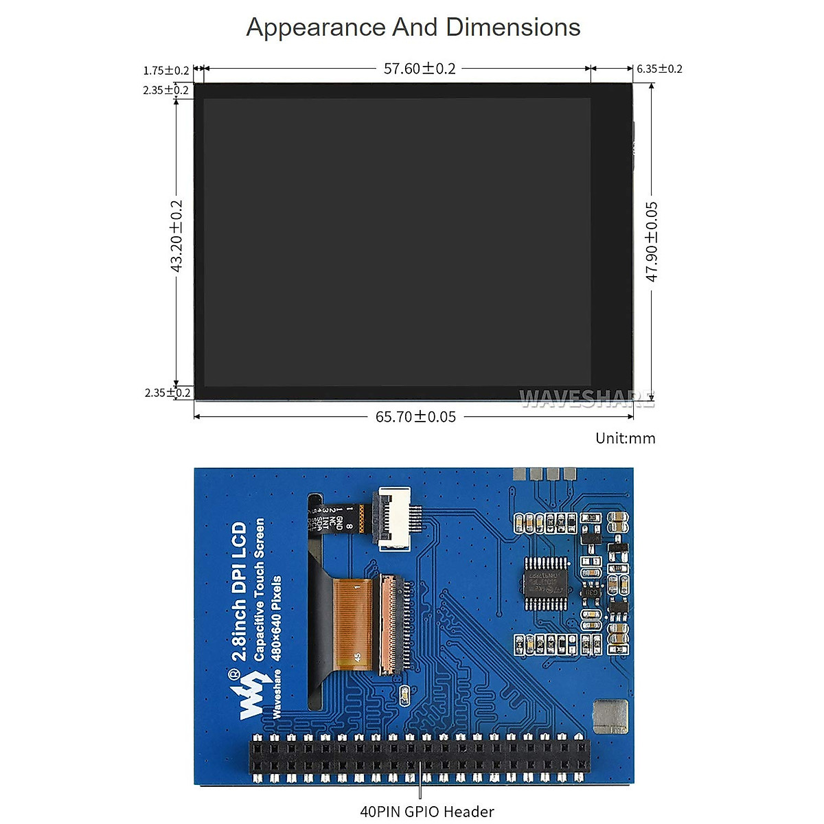 Coolwell Waveshare 2.8inch Capacitive Touch Screen LCD DPI Display for Raspberry Pi, 480×640, IPS Wide Viewing Angle, Fully Laminated Toughened Glass Cover
