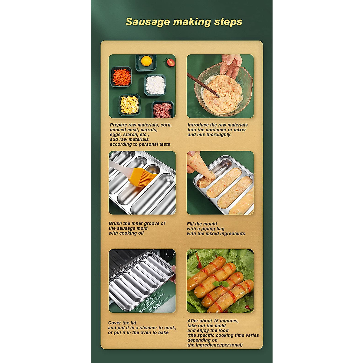 TIYOORTA Stainless steel Sausage Mold 6 Cavity for Homemade Hot Dogs, Non-Stick DIY Hot Dog Mold for Oven steamer (Style A)