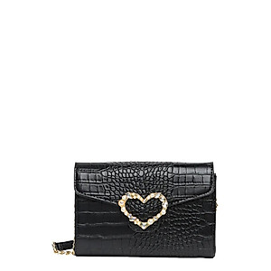 Betsey Johnson Crocodile Embossed Wallet Crossbody W/Chain Faux Pearl Crystal Rhinestone Gold Tone Heart Detail Handbag