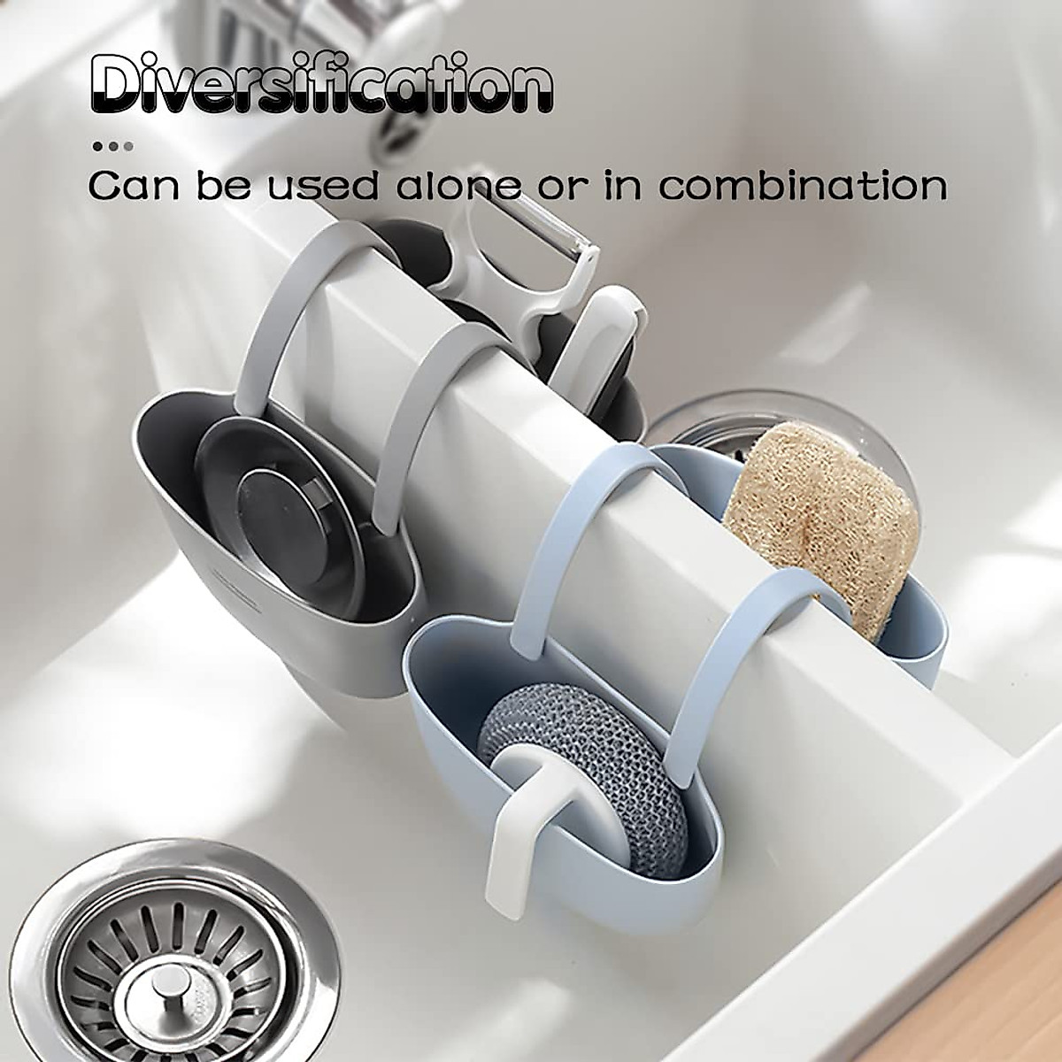 2Pack Sink Hanging Sponge Holder,Silicone Sink Caddy Shelf Soap Sponge Drain Bags Organizer, Sink Storage Accessories for Kitchen Bathroom Blue and Gray