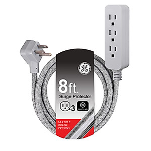 GE 3-Outlet Power Strip Surge Protector 8 Ft Braided Long Cord Extension Cord Surge Protector Power Strip Flat Plug Extension Cord 250 Joules UL Listed Gray 45916