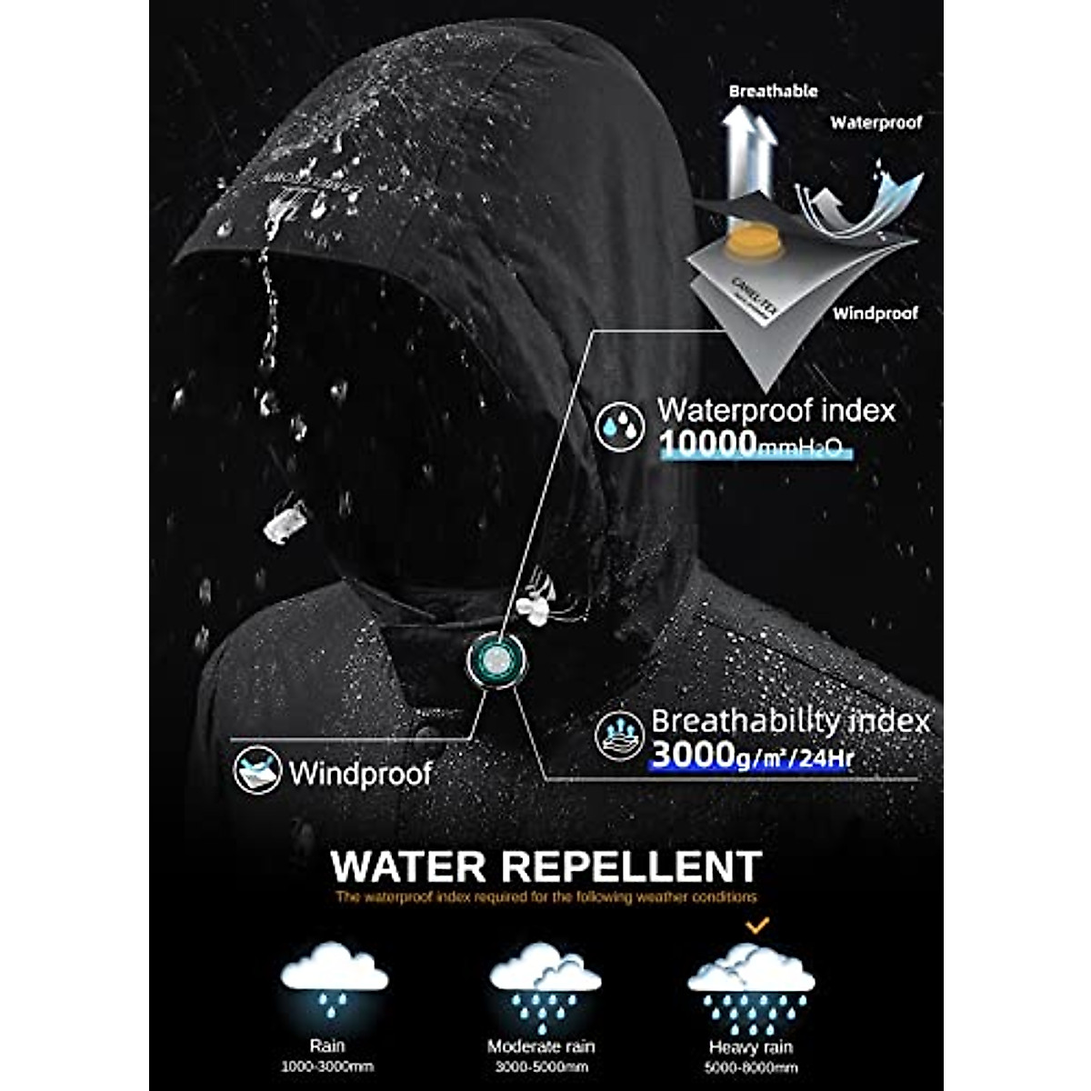 CAMEL CROWN Men's Winter Ski Jackets Warmth Coat Waterproof Detachable Hood Windproof Fleece Lined for Mountain Snow