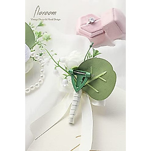 Floroom Ivory Ranunculus Peony Wrist Corsage Wristlet Band Bracelet and Men Boutonniere Set for White Wedding Flower Accessories Prom Suit Decorations