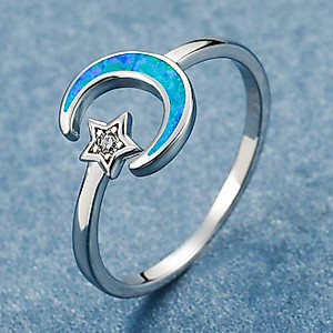 Angol Opal Moon Star Ring for Women Sterling Silver Adjustable Crescent Moon Ring 5A+ Cubic Zirconia Statement Hypoallergenic Finger Ring Gift with Box