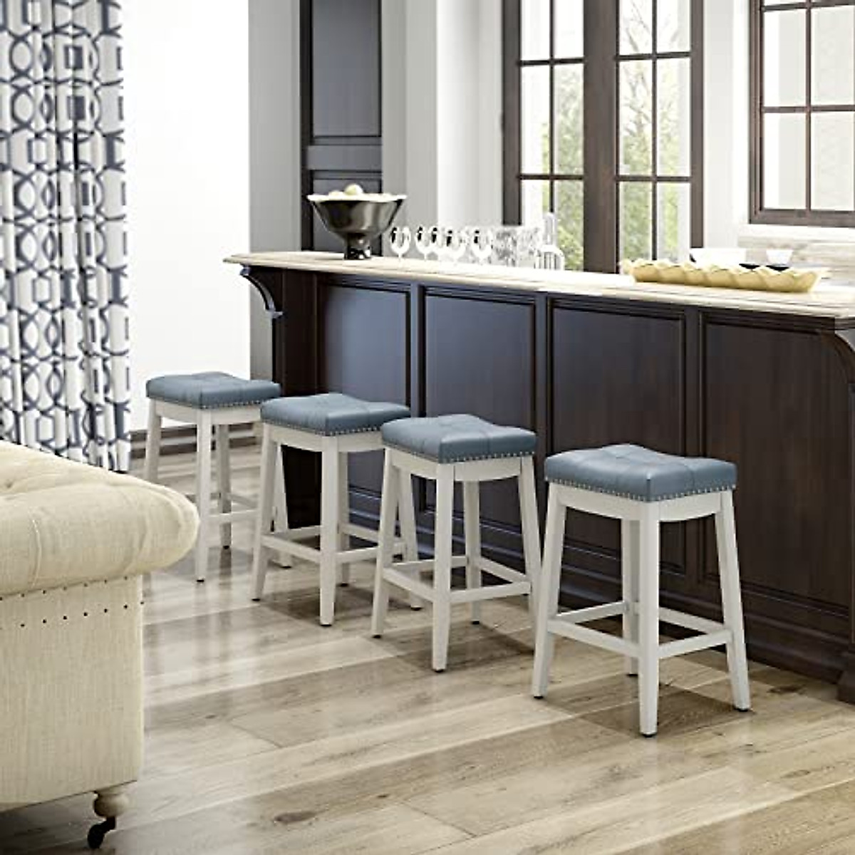 COSTWAY Bar Stools Set of 2, 24-Inch Height Backless Counter Stool with Footrest, Soft Seat Cushion, Wood Legs and Non-Slip Foot Pad, Saddle Stools for Home Kitchen Living Room, Stone Gray+White